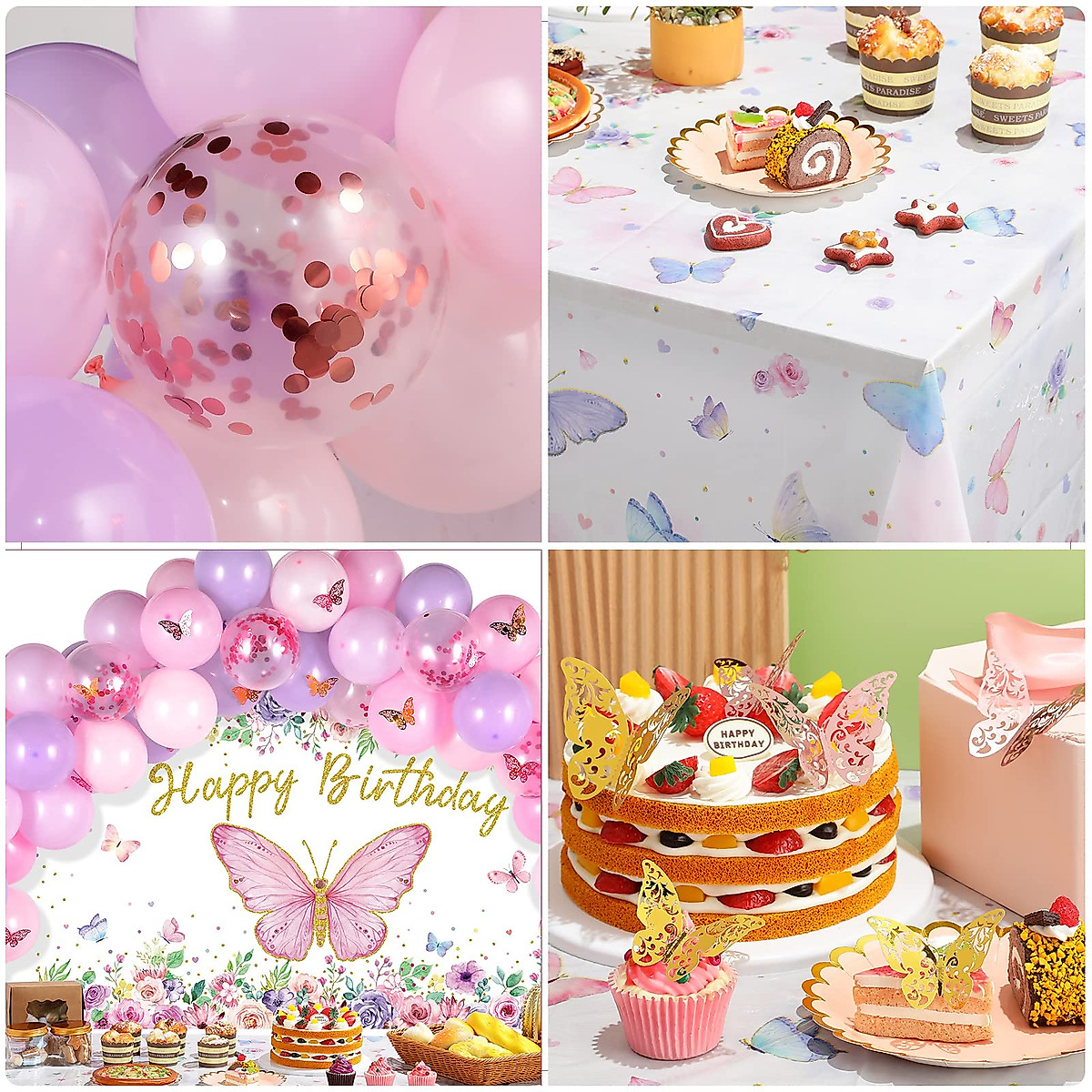Pink and Purple Butterfly Party Decorations Include Pink Purple Balloon Arch Kit Butterfly Happy Birthday Photography Backdrop Banner Tablecloth for Girls Women Birthday Party Supplies Decor