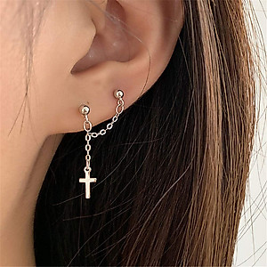 Chain Cross Two Holes Tiny Ball Stud Earrings for Women Dainty 925 Sterling Silver Small Cute Threader Tassel Cartilage Drop Dangle Double Piercing Hypoallergenic Gifts for Bff Daughter