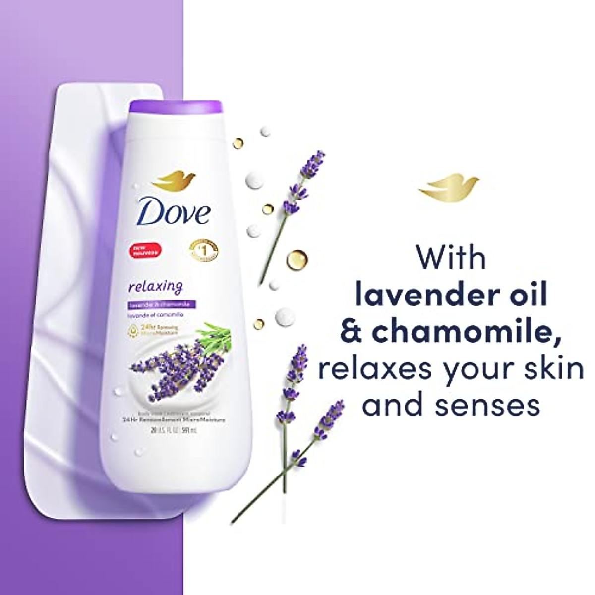 Dove Body Wash for Renewed, Healthy-Looking Skin Relaxing Lavender Oil & Chamomile Gentle Skin Cleanser with 24hr Renewing MicroMoisture 20 oz