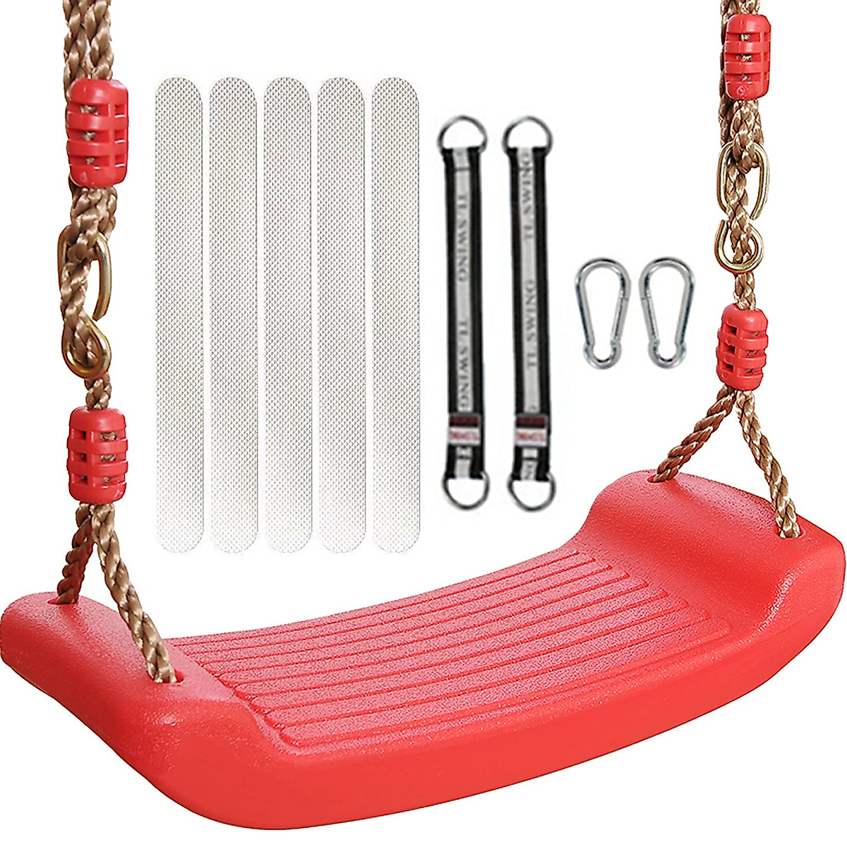 Plastic Swing Seat,Kids Swing Seat with 6.6ft Adjustable Rope and 2 Carabiners,Red Swings Pro with Non Slip Tape for Backyard Playground Indoor Outdoor