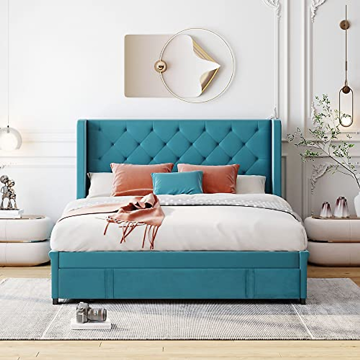 Livavege Queen Bed Frame with Wingback Headboard and Storage Drawers, Velvet Button Tufted Upholstered Platform w/Wooden Slats Support, Queen Size Bedframe No Box Spring Needed, Easy Assembly