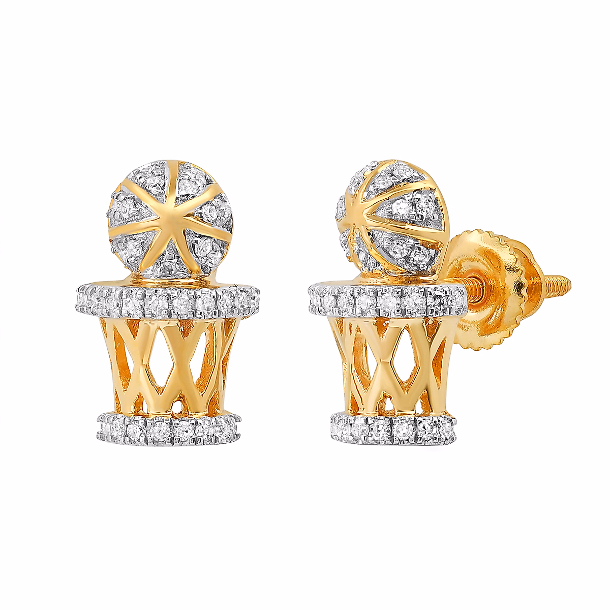 Dazzlingrock Collection 0.17 Carat (ctw) Round White Diamond Basket Ball Hoop Shape Hip-Hop Fashion Stud Earrings for Her | 10K Yellow Gold