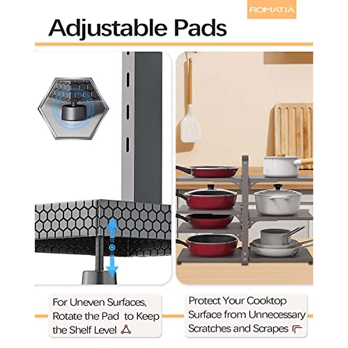 ROMATIA Pot and Pan Organizer Rack for under Cabinet, Heavy Duty Pot Pan Rack under Sink Organizers and Storage, Pot lid organizer, Kitchen Cabinet Organizer with 7 Adjustable Shelves