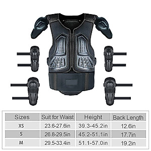 Kids Dirt Bike Full Body Chest Spine Protector Armor Vest Gear with Knee and Elbow for Bicycles, Motorcycle, Motocross , Skiing, Skating,Skateboards (Black, X-Small)