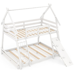 Costzon Twin Over Queen Bunk Bed, House Shaped Bed Frame with Climbing Nets and Ramp, Safety Guardrail, No Box Spring Needed, Wooden Kids Bed for Boys Girls (White, Twin Over Queen)