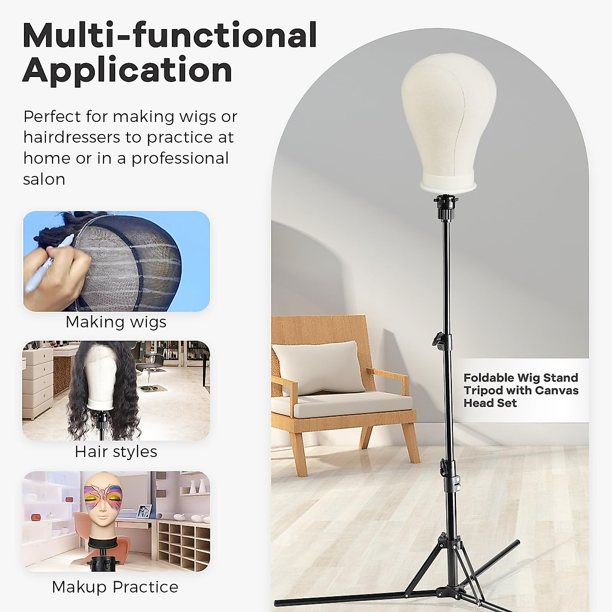 Neverland Beauty & Health 23 Inch Wig Stand Tripod with Mannequin Head, Wig Head Stand with Canvas Head for Wigs Making Display