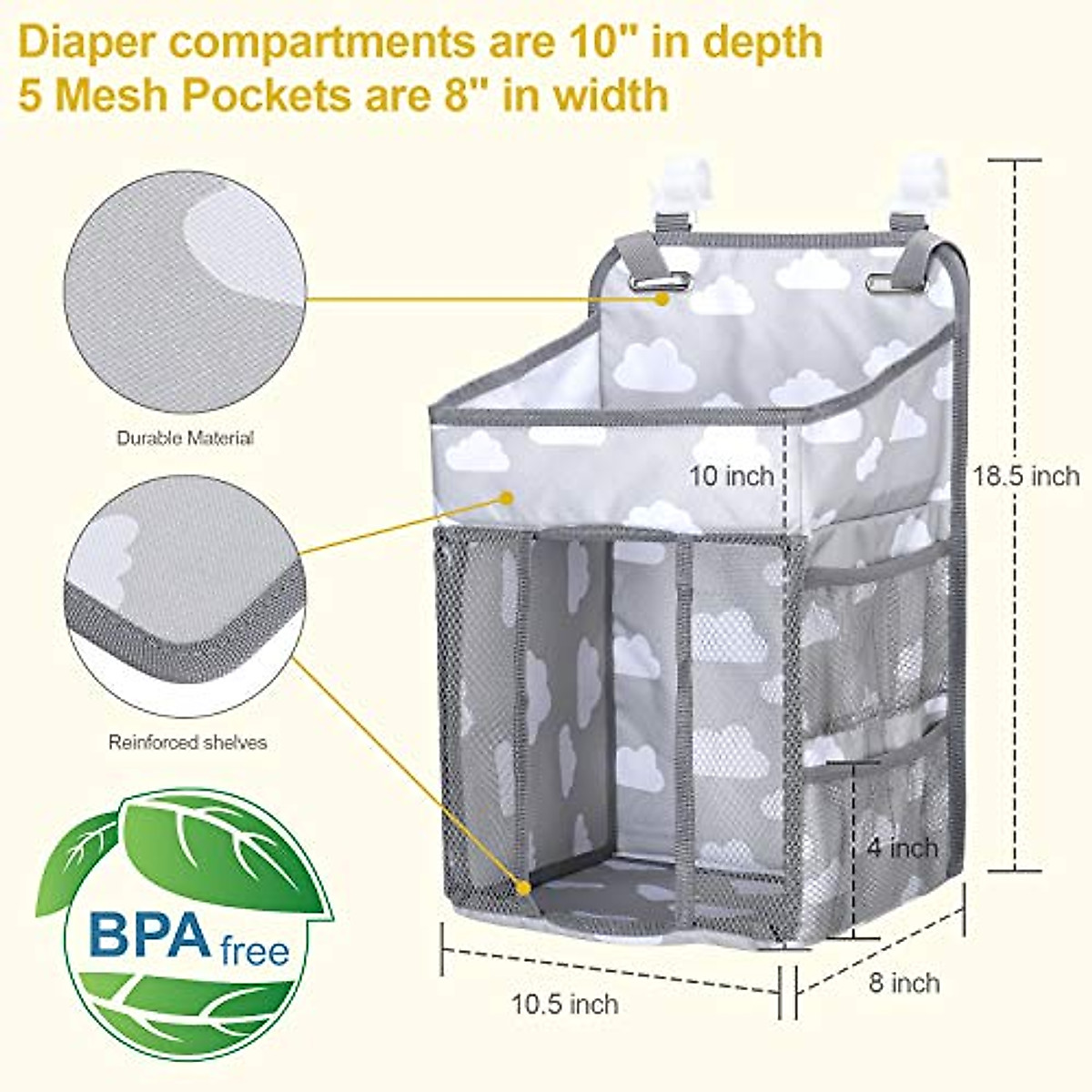 Accmor Hanging Baby Diaper Caddy Organizer, Diaper Stacker, Baby Crib Hanging Classified Storage Bag Organizer for Changing Table, Crib, Playard or Wall & Nursery Organization