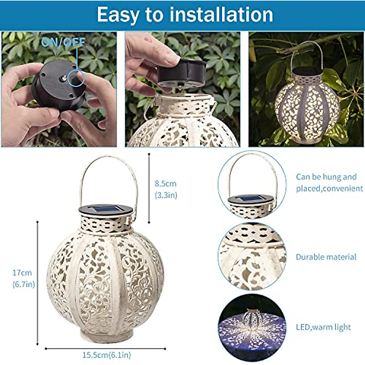 Generep Solar Lanterns, Retro Metal Solar Lights with Handle, 4 Lumen Sun Powered Garden LED Decorative Lighting for Yard, Tree Fence, Patio, Lawn, Balcony and Terrace(2 Pack)