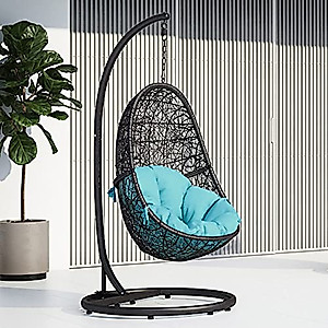 Zuri Furniture Modern Reef Black Basket Swing Chair Teal Cushion with Stand