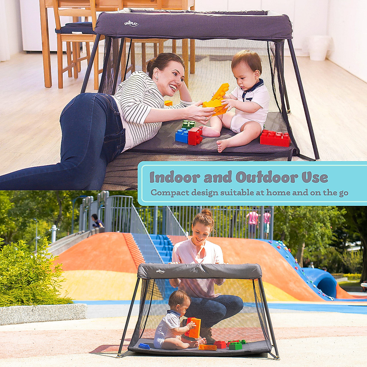 UNiPLAY Baby Foldable Travel Crib, Portable Toddler Playpen with Carry Case and Side Zipper Design for Easy Access