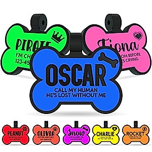 Silent Dog Tags Engraved for Pets, Double Sided - Personalized Soundless Durable Silicone Pet Tags for Dogs with Custom Name, Icon and Design - No More Jingling - Bone Shape