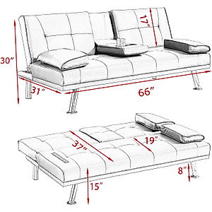 OUUI Futon Sofa Bed Modern Couches for Living Room Convertible Recliner Sleeper Sofa Loveseat with 2 Cup Holders, Removable Armrests (Light Gray)