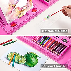 Art Supplies, 240-Piece Drawing Art Kit, Gifts Art Set Case with Double Sided Trifold Easel, Includes Oil Pastels, Crayons, Colored Pencils, Watercolor Cakes, Sketch Pad (Pink)