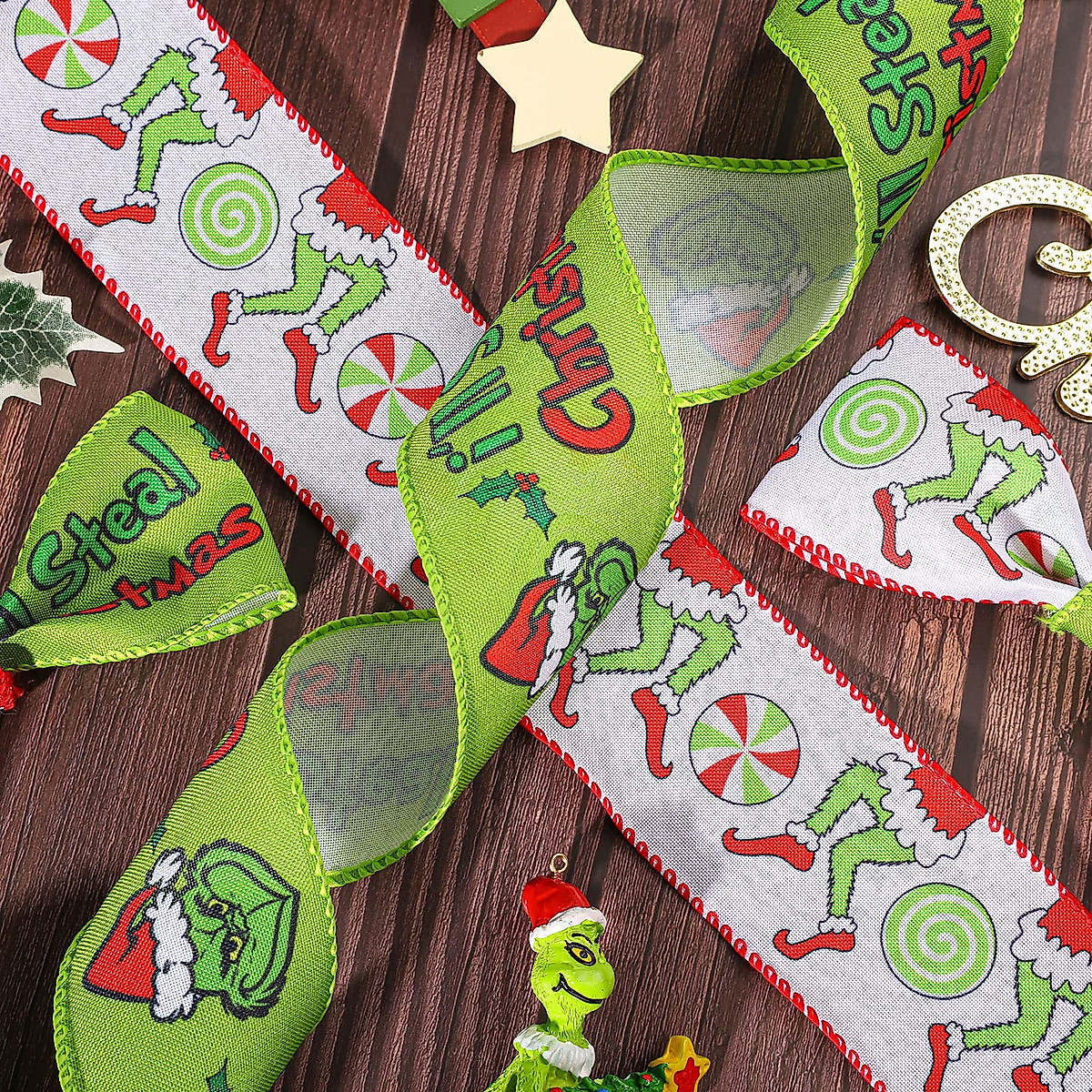 Whaline 12 Yards Christmas Wired Edge Ribbon Xmas Funny Cartoon Character Craft Ribbon Christmas Decorative Fabric Ribbon for Gift Wrapping DIY Floral Arrangement Wreath Bow, 2.5 Inch, 2 Roll