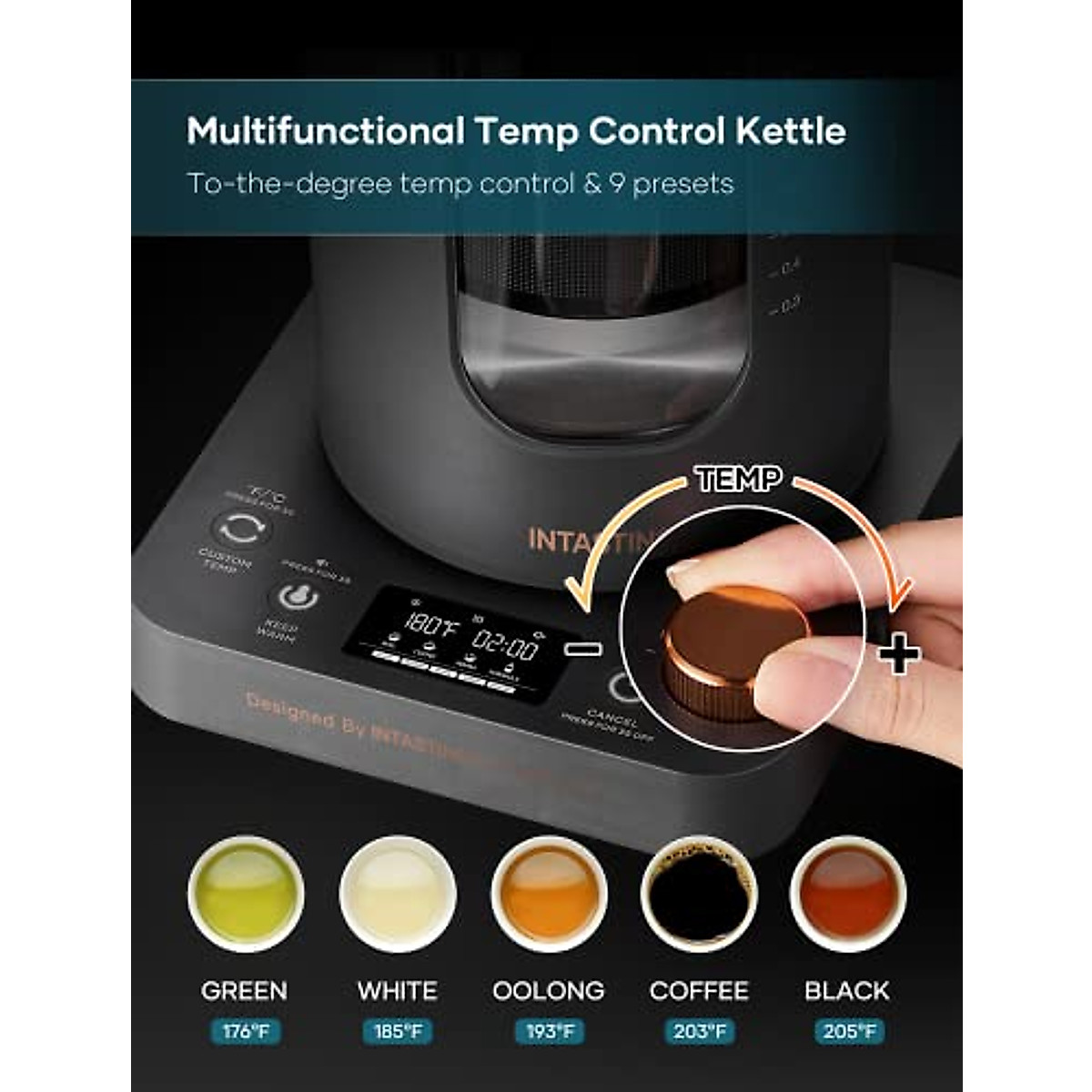 Electric Kettle, INTASTING Wide Opening Glass Kettle with Tea Infuser, 9 Smart Presets, Auto Memory, Mute, 1200W Fast Heating, BPA-Free, Easy to Clean, for Tea Bag, Dark Grey