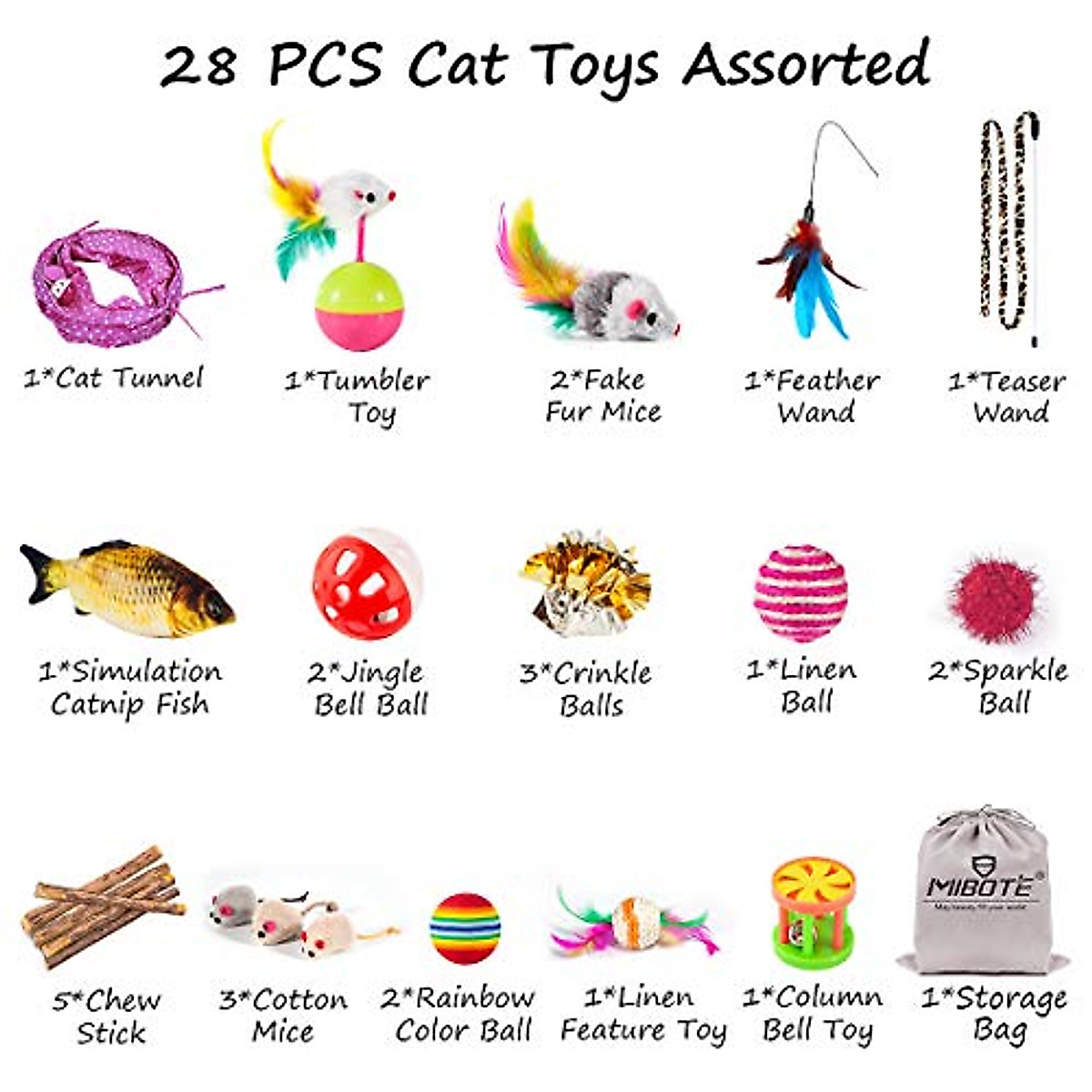 MIBOTE 28Pcs Cat Toys Kitten Toys Assorted, Cat Tunnel Catnip Fish Feather Teaser Wand Fish Fluffy Mouse Mice Balls and Bells Toys for Cat Puppy Kitty