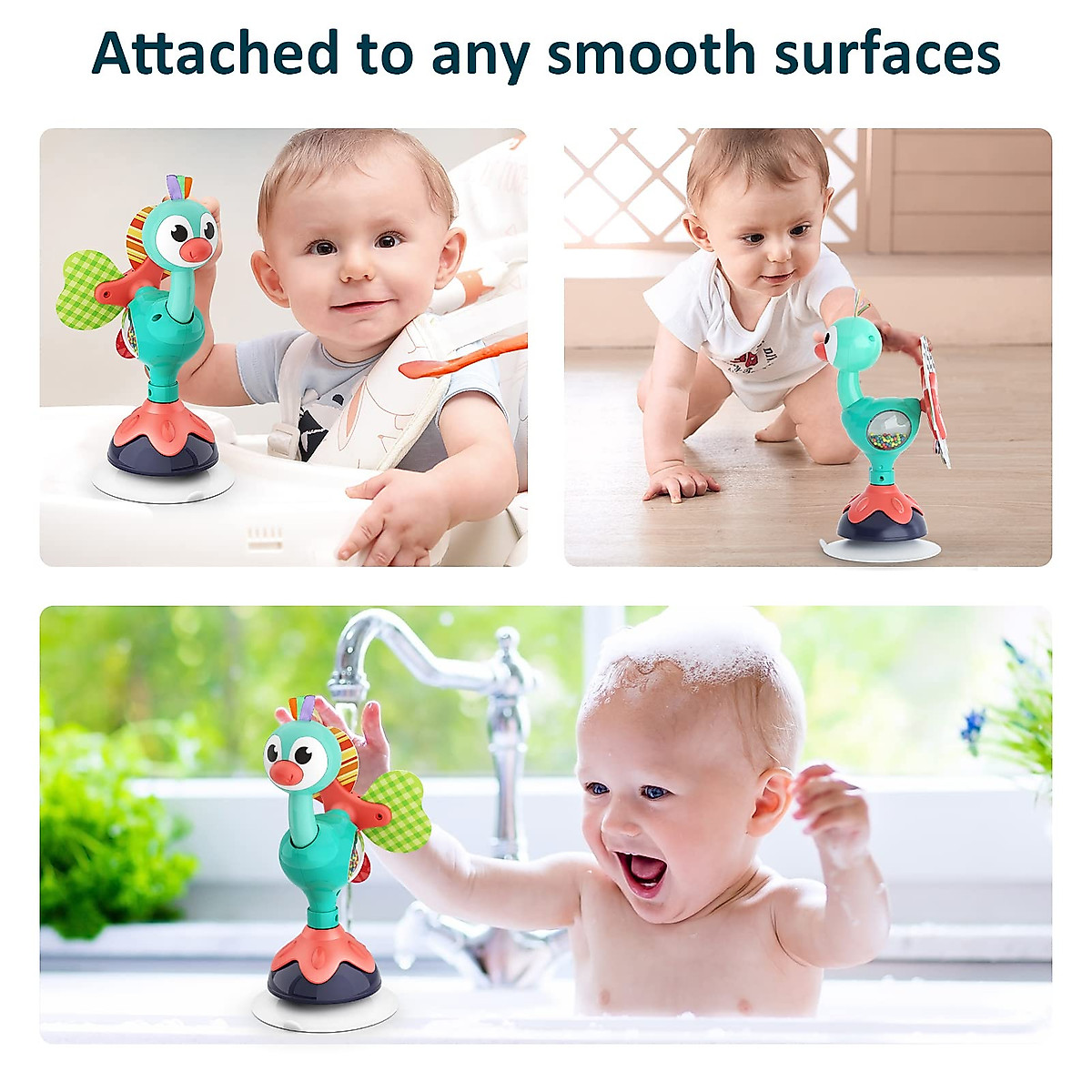 BABYFUNY 2 in 1 Baby Rattles Toys High Chair Toys with Suction Cups - Suction Toys for Baby Table Tray Bath Travel Toys, Shake Grab Spin Turn Baby Toys 6 to 12 Months as Baby Birthday Gift