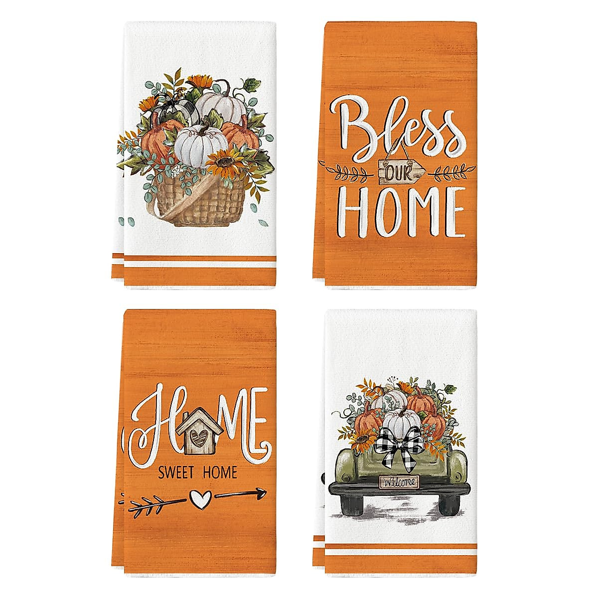 Artoid Mode Flower Basket Truck Pumpkin Fall Kitchen Towels Dish Towels, 18x26 Inch Bowknot Thanksgiving Decoration Hand Towels Set of 4