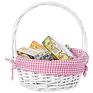 White Round Willow Gift Basket, with Pink Gingham Liner and Handle- Small