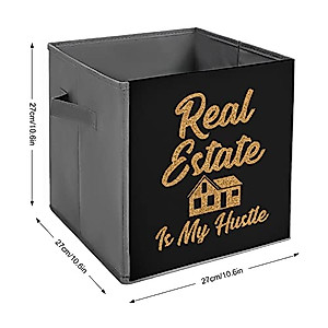 Real Estate is My Hustle PU Leather Collapsible Storage Bins Canvas Cube Organizer Basket with Handles