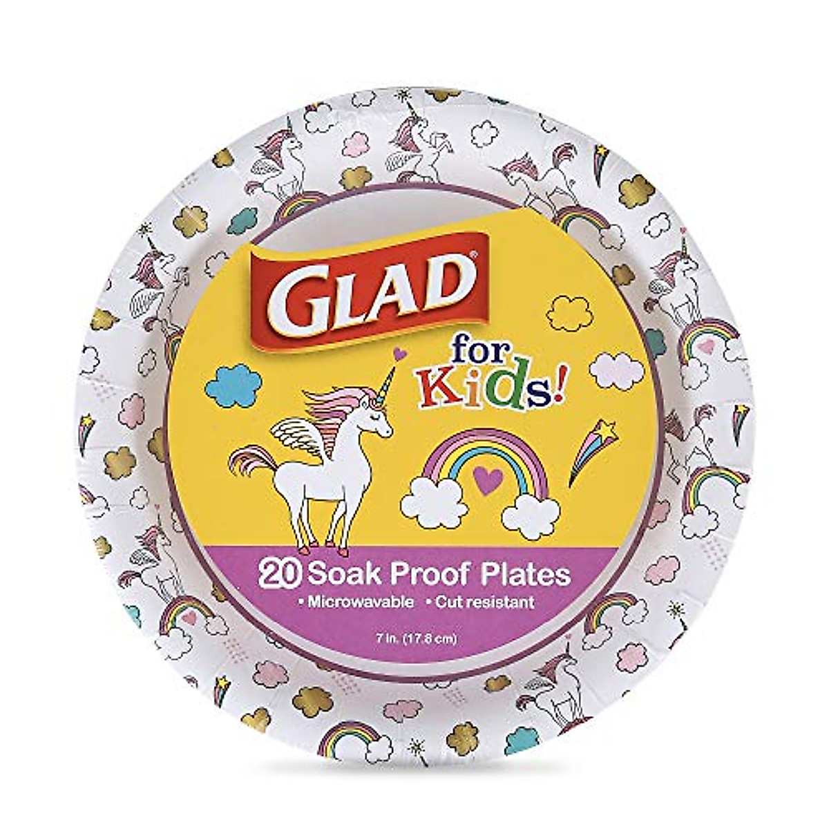 Glad for Kids Paper Plates, Small Round Paper Plates with Cute Designs for Kids Heavy Duty Disposable Soak Proof Microwavable Paper Plates for All Occasions, Unicorns, 7 Inch, 20 Count