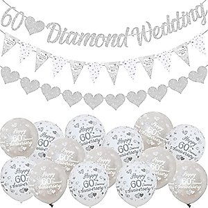 60th Anniversary Decorations, 60th Diamond Wedding Glitter Banners, 60th Anniversary Bunting Flag and Balloons for Anniversary Party Supplies