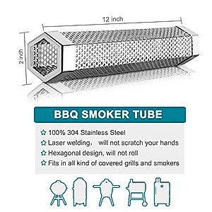 Aushucu 2pcs Smoker Tube 12in Pellet Smoker Tube Stainless Steel Smoke Tube for Hot or Cold Smoking 5 Hours of Billowing smoke Portable BBQ Smoking tube Generator Electric Charcoal Gas Grill Smoker
