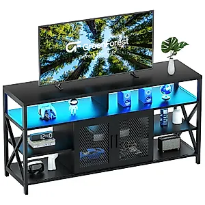 GreenForest TV Stand for 65 Inch TV, LED Lights Entertainment Center with Grid Cabinets for Living Room, 58 inch Television Stands TV Cabinet with 21 Dynamic RGB Modes, Black