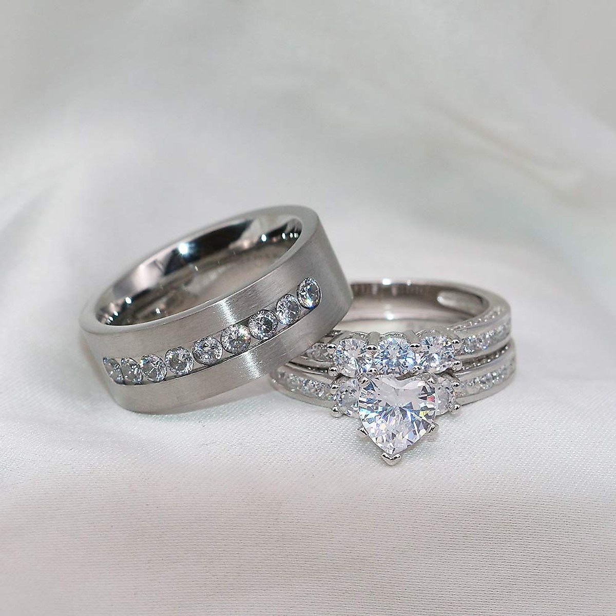 TWO RINGS Wedding Ring Sets His And Hers Promise Ring Couples Bridal Sets Women 925 Sterling Silver Heart Cz Man Titanium Wedding Bands
