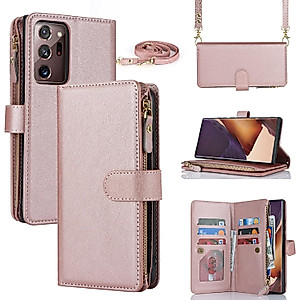 iCoverCase for Samsung Galaxy Note 20 Ultra Wallet Case with Card Holder for Women, Crossbody Lanyard Strap Kickstand PU Leather Case with Zipper Pocket Credit Card Slots Cover (Rose Gold)