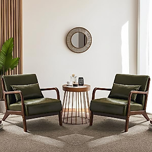 Flulep 80 * 65 * 73cm Single Seat B Style Backrest Without Buckle with Pillow PU Walnut Oak Armrests Indoor Leisure Chair Dark Green