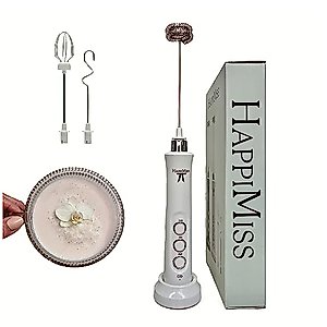 HappiMiss Milk Frother USB Rechargeable - 3 whisks: Wire for Making Perfect Fluffy Foam Lattes, Matcha, Macchiatos, Cappuccino, Butter Coffee, Hot Chocolate, Cold Foam - Snowy Day White