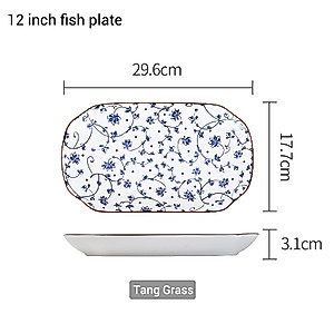 Gegong 12 inch Fish Plate Blue and White Porcelain Dish Serving Plate Floral Dinner Shallow Plate Appetizer Salad Dessert Snack Plate (Tang Grass)