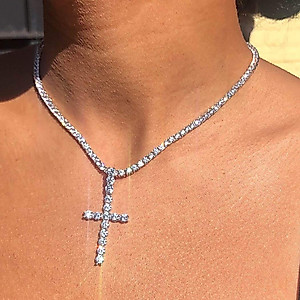 Gangel Silver Vertical Cross Tennis Necklace Glittering Chain Simple Fashion Pendant Exquisite Choker Jewelry with Rhinestone for Women (Pack of 1)