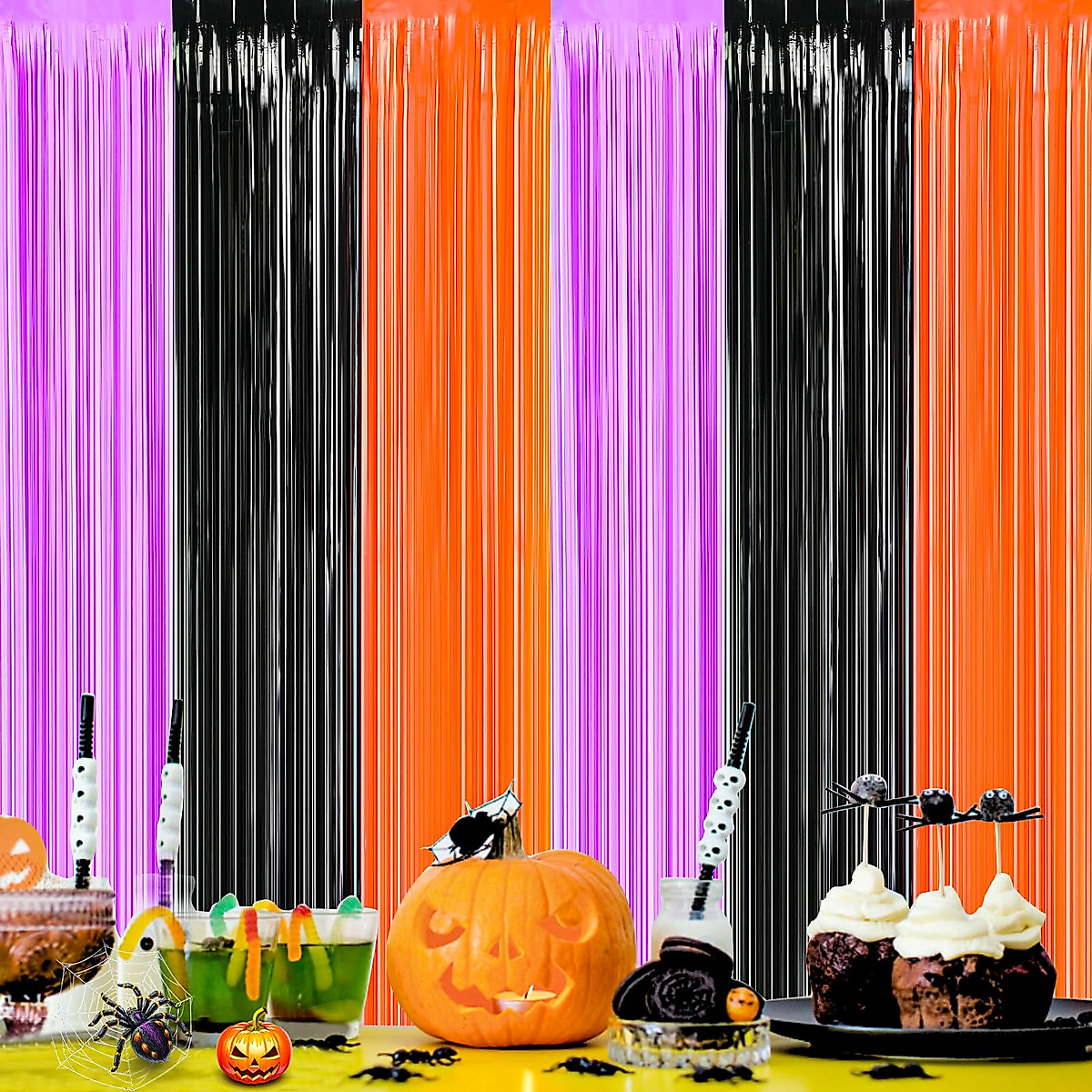 FOIMAS 3 Pack Halloween Tinsel Foil Fringe Curtain,3.3x6.6ft Black Orange Purple Tinsel Fringe Streamers Photo Booth Prop for Halloween Party Decoration Back Drop