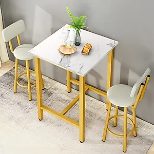 Lamerge 3 Pieces Bistro Dining Set for 2 Kitchen Square Breakfast Table Set Bar Table Space Saving Faux Marble Top and Upholstered Chairs Set for Apartment Dining Room with Gold Metal Frame