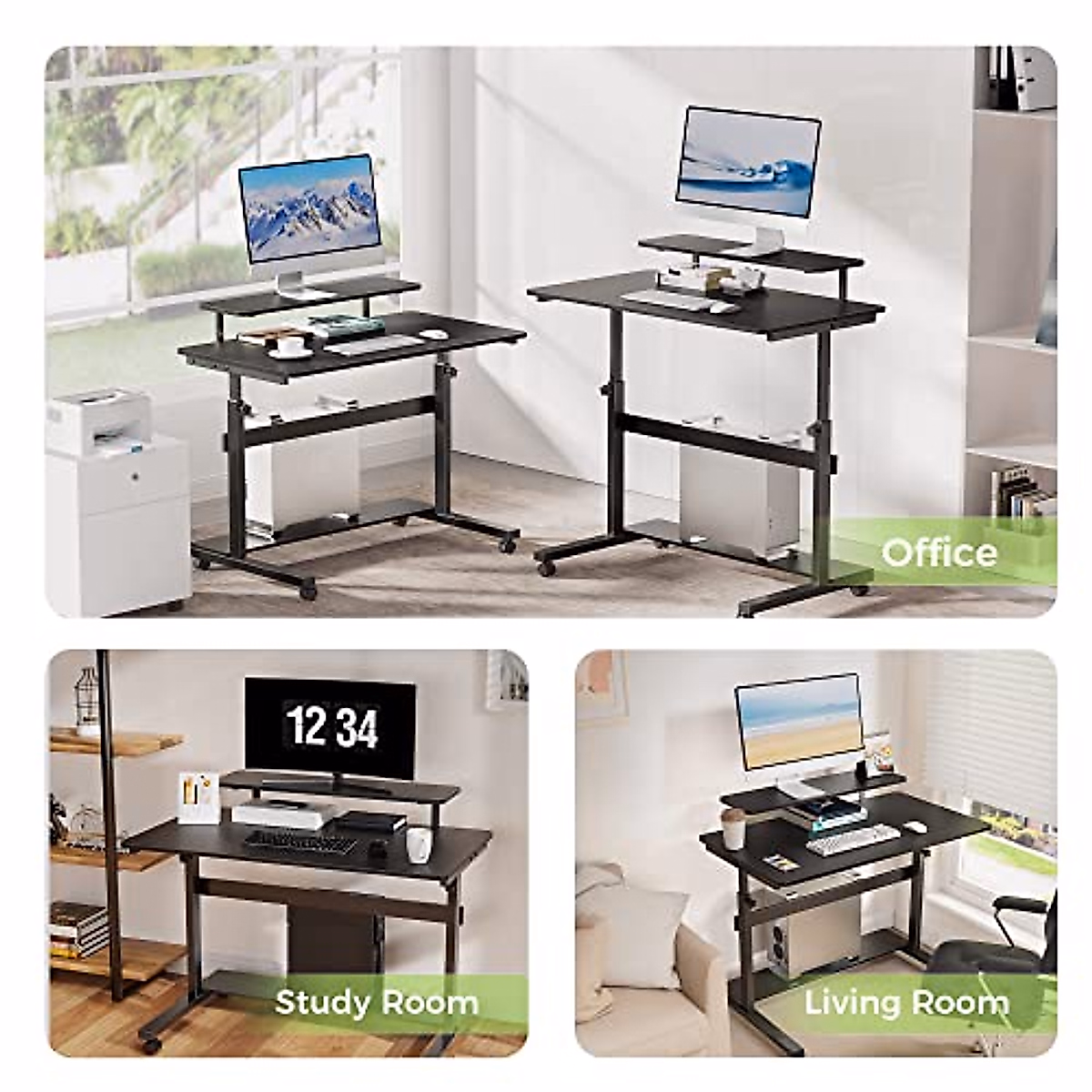 Eureka Ergonomic Height Adjustable Computer Desk, Rolling Sit Stand Desk for Home Office with Hutch, CPU Stand & Lockable Wheels, 41 inch-Black