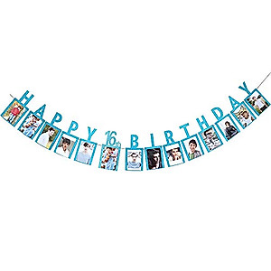 Happy 16th Birthday Photo Party Banner, Blue Sign Garlands for Boy's/Girl's 16th Birthday Party Bunting Supplies Decorations, Sweet 16 / Sixteen Party Photo Props