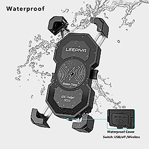Upgraded Leepiya Motorcycle Phone Mount with Wireless and USB Charger 15W Qi Fast Charging Cell Phone Holder for Motorcycle ATV Boat Snowmobile Compatible with iPhone 12 11 Xs MAX XR X 8 8P Samsung