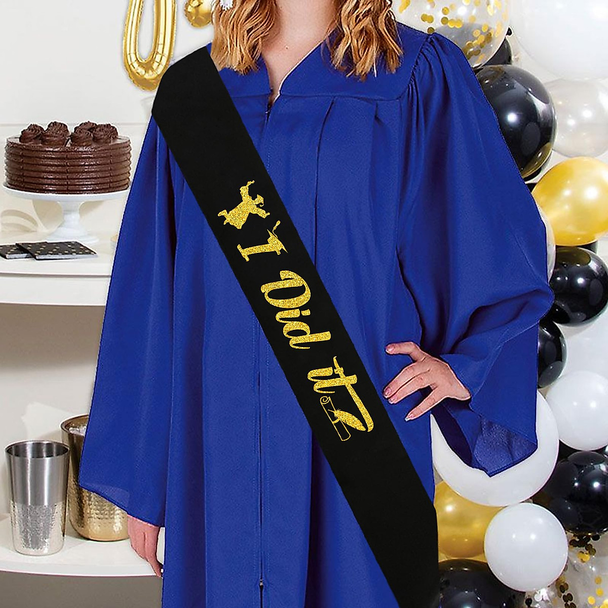 Black I Did it Satin Sash with Gold Glitter Letters - Class of 2024 Grad Party Supplies - Cheer Squad Supplies - 2024 Graduation Celebrations Sashes