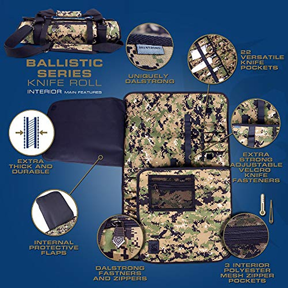 Dalstrong - Ballistic Series Knife Roll - Premium Ballistic Nylon & Top Grain Leather Roll Bag - 22 Knife Slots - Interior and Rear Zippered Pockets - Blade Travel Storage/Case (Digital Camouflage)