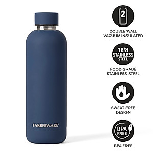 Farberware Stainless Steel Water Bottle, 48 Hrs Cold, 12 Hrs Hot, Double Wall Insulated, Leakproof Sweat Free Design (16oz, Blue)