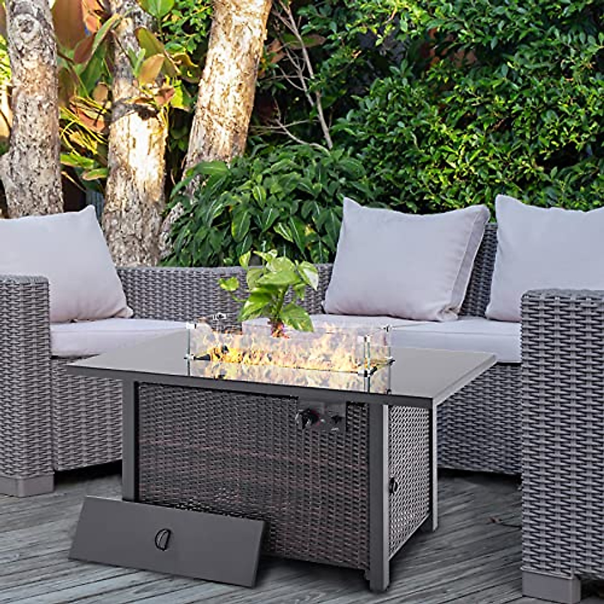 43 in Propane Gas Fire Pit Table, 50,000 BTU Auto-Ignition PE Wicker Gas Fire Pit Table with Glass Wind Guard, Waterproof Cover, CAS Certified for Courtyard Terrace Gardens.
