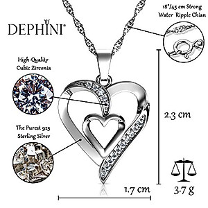 DEPHINI - Heart Necklace - 925 Sterling Silver - Double Love Heart Pendant with CZ Crystals - Jewelry for Woman - 18" Chain - Rhodium Plated