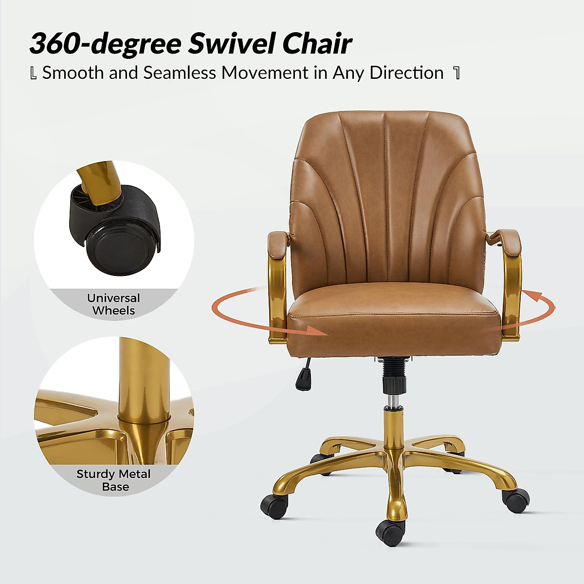 HULALA HOME Camel Leather Office Chair with Gold Legs, Swivel Desk Chair with Padded Seat and Armrests, Adjustable Height Task Chair