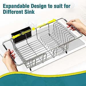 JASIWAY Dish Drying Rack in Sink - Expandable Stainless Steel Dish Drainers for Kitchen Counter, Dish Dryer Rack for Inside Sink, Over The Sink Dish Racks with Utensil Holder, Silver