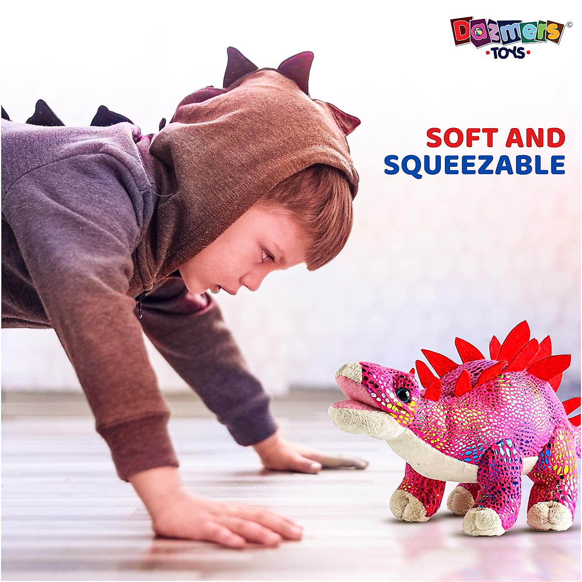 BUILD ME Plush Dinosaur Stuffed Animal Set of 4 Soft Dinosaurs, 12" Stuffed Dinosaur Set Includes T-Rex Brachiosaurus Stegosaurus and Triceratops Toys for Boys, Volcano Toys for Kids 3-5
