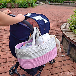 Large Baby Diaper Caddy Organizer Woven Cotton Rope Basket Rainbow Nursery Storage Bin Portable for Changing Table/Car Travel Bag Tote Newborn Registry Must Have Baby Shower Basket for Boy Girl