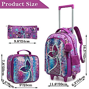 Mermaid Rolling Backpack for Gilrs Backpacks with Wheels for Elementary School Bag Trolley Trips Kids Luggage with Lunch Box for Preschool Students