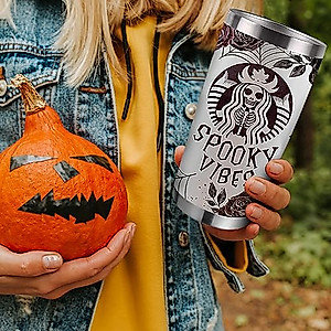 Zzkol Halloween Spooky Vibes Skeleton Tumbler with Lid and Straw, Rose Flower Skull Ghost Spider Web Stainless Steel Travel Coffee Cup, 20oz Gothic Double Wall Vacuum Insulated Mug Halloween Gifts